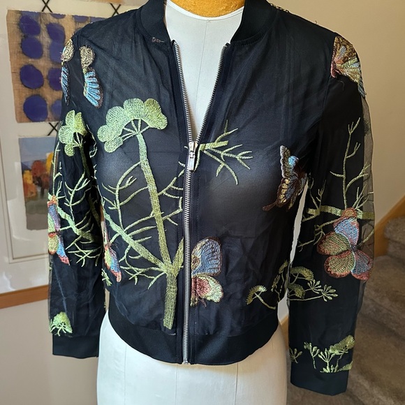 Adore | Jackets & Coats | Adore Butterfly Embroidery Sheer Zip Bomber ...